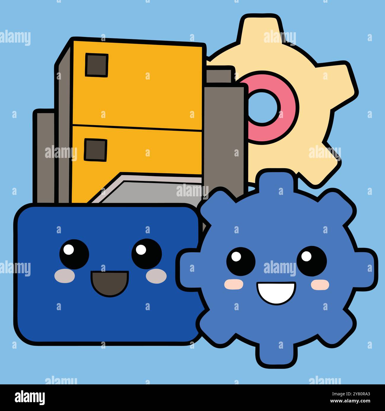Cute cartoon illustration of a server and two gears with smiling faces ...