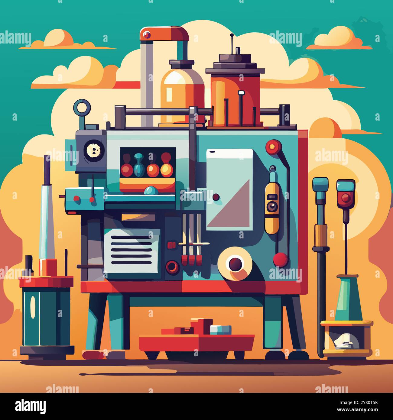 A whimsical. cartoon style illustration of a complex machine with ...