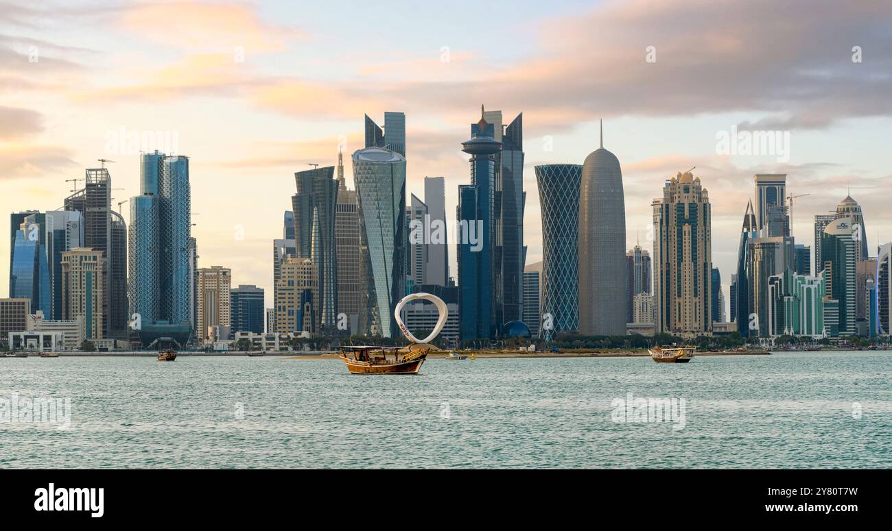 The Panoramic skyline of Doha, Qatar during sunrise Stock Photo - Alamy