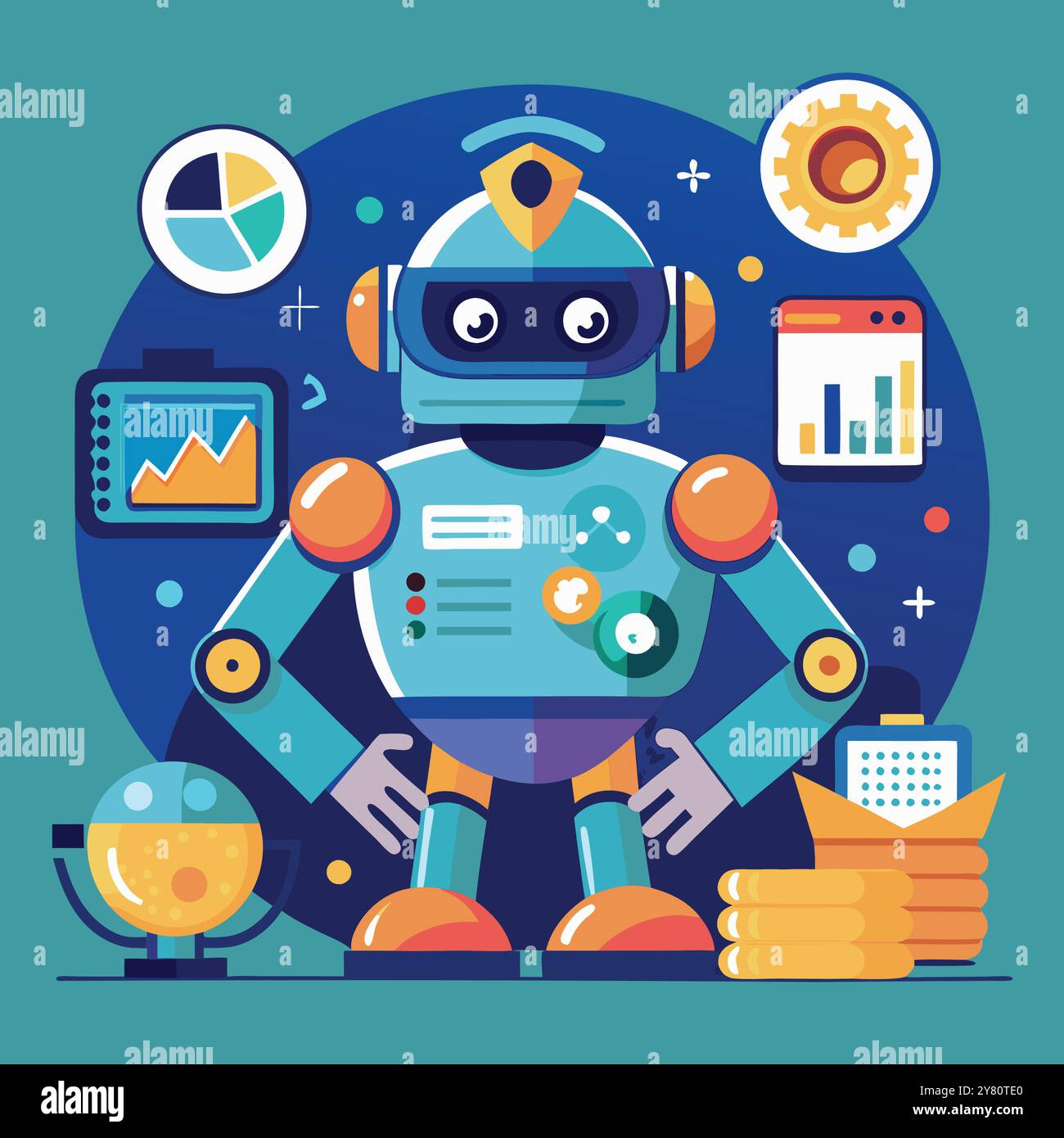 A friendly AI robot stands confidently against a blue background ...