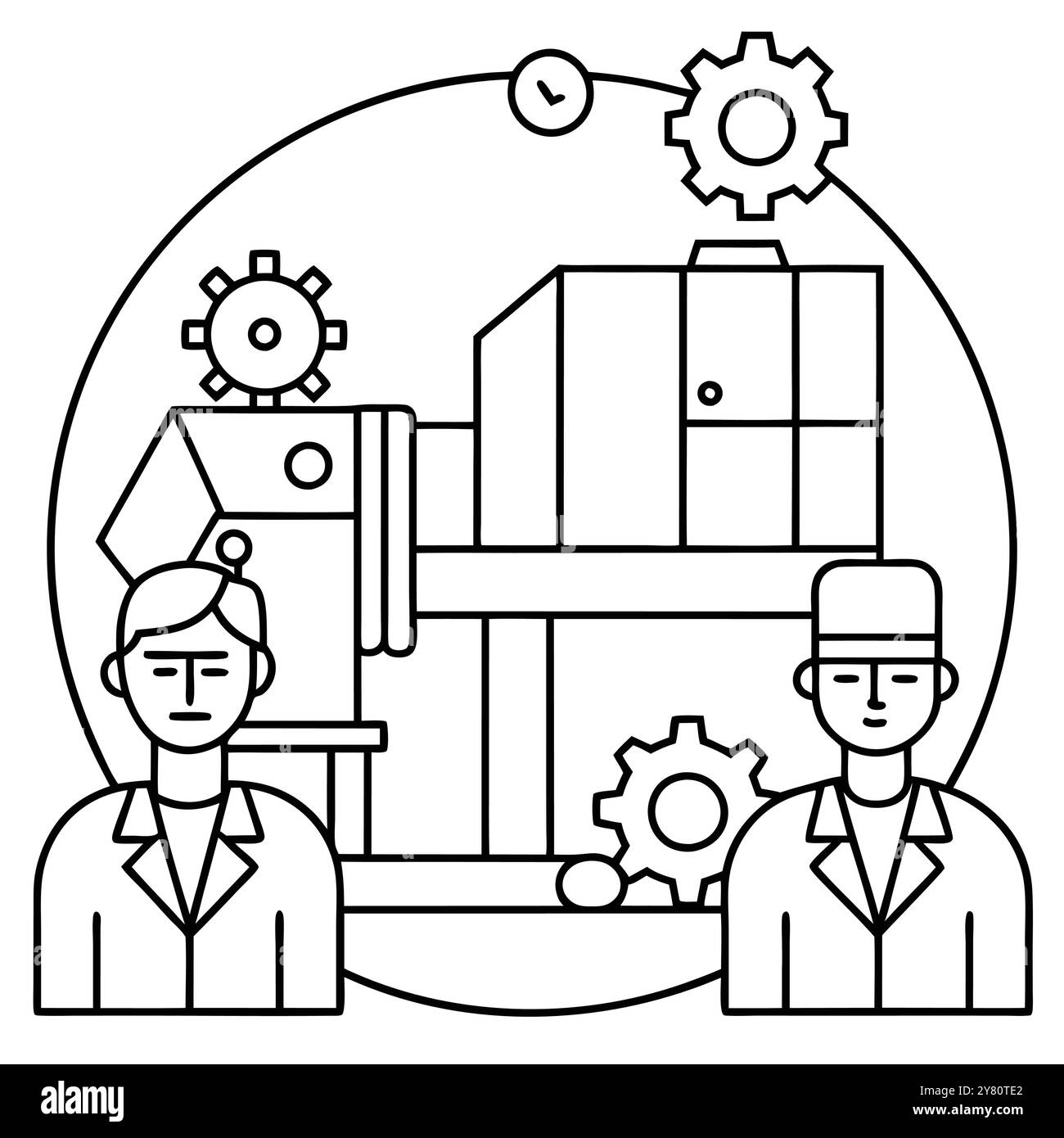 A line art illustration depicting two technicians working with ...