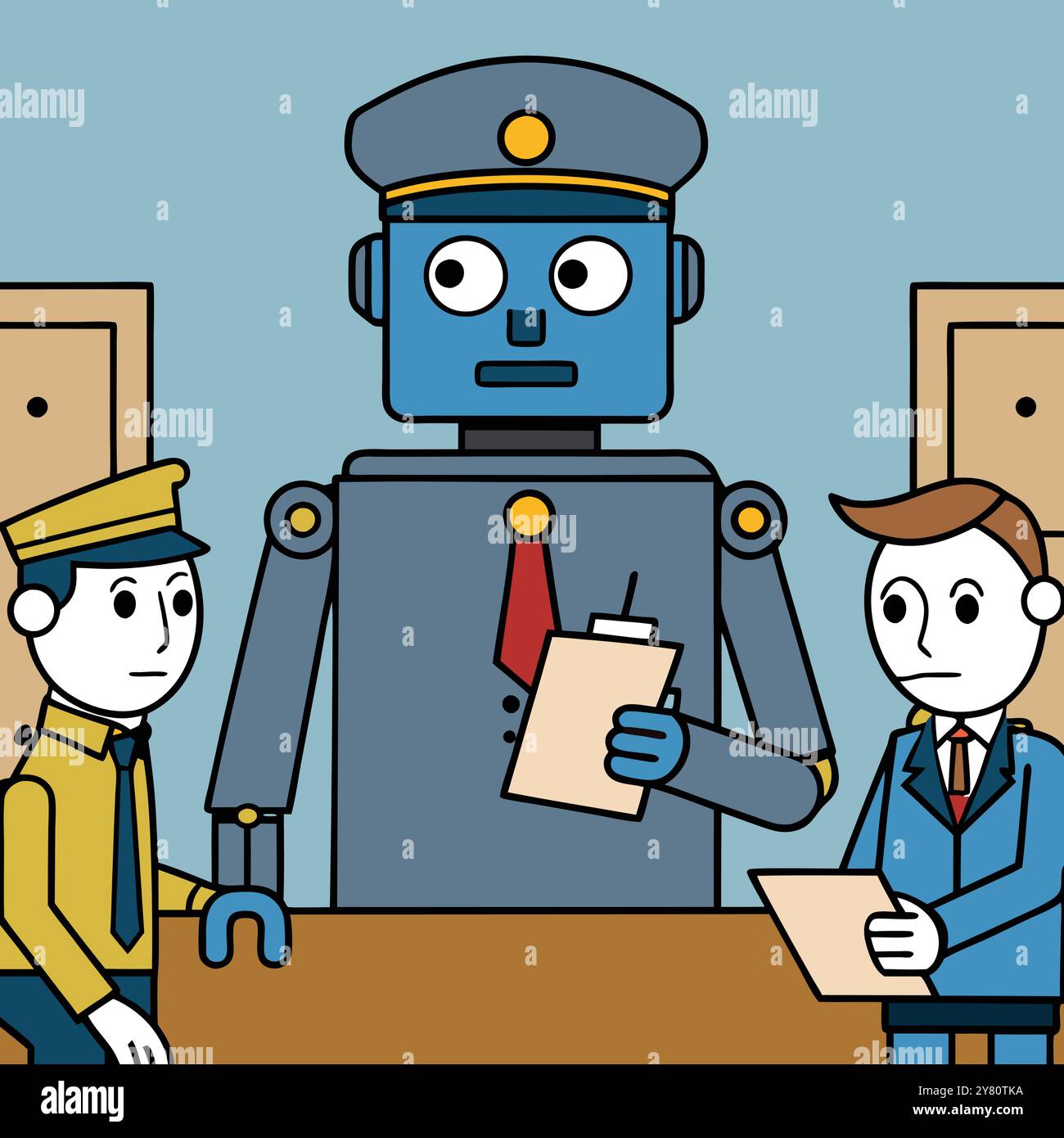 An AI robot in a police officer uniform stands with two human workers. The robot holds a ...