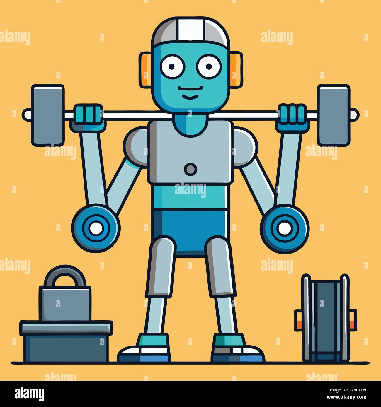 A friendly robot in a gym setting. lifting weights. This cheerful ...