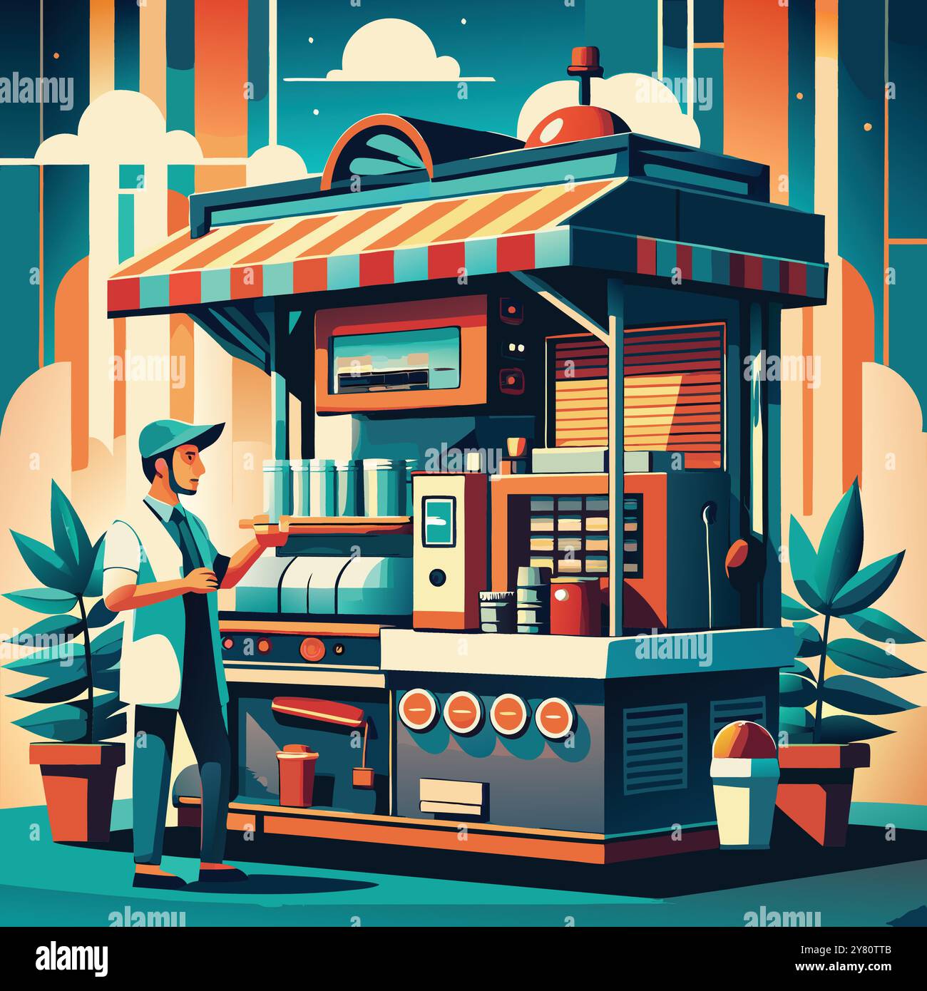 A vibrant illustration of a street food vendor serving up drinks in a ...