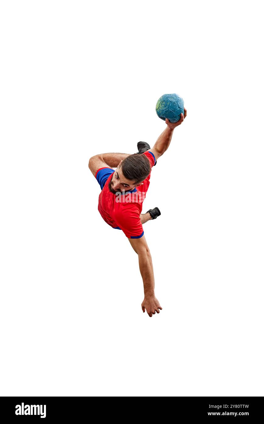 Top view dynamic image of young man, handball player in motion ...