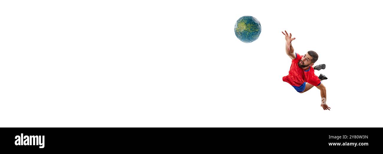 Young focused man, professional handball player in motion during game ...