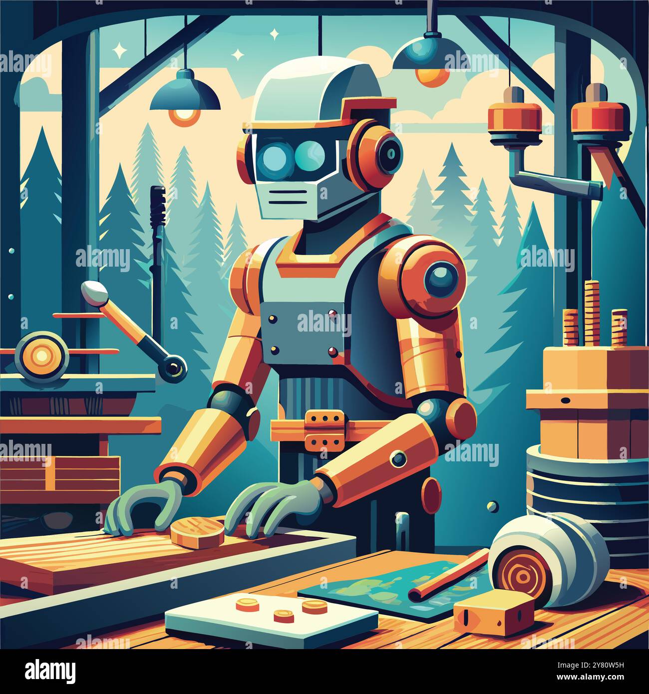 A friendly. cartoon robot stands at a workbench in a workshop setting ...