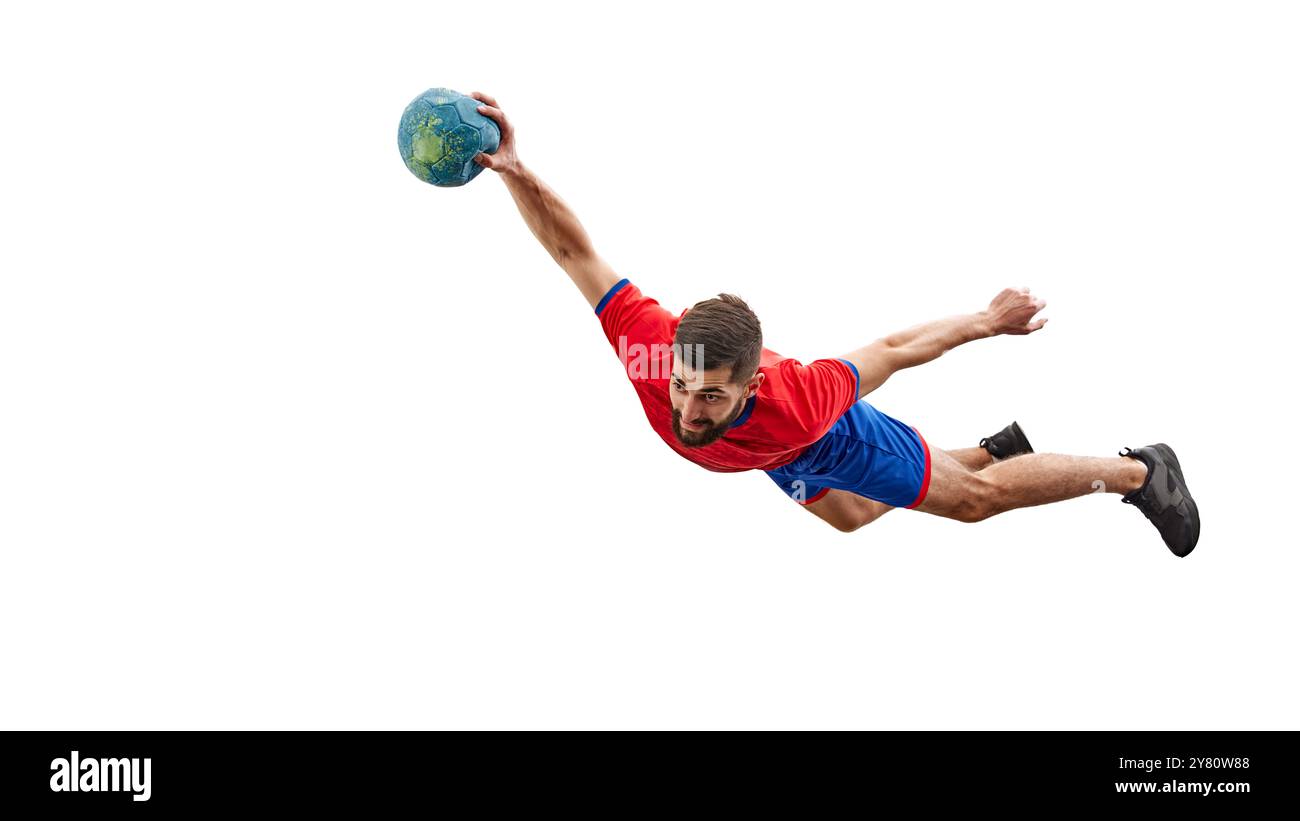 Muscular determined athlete, handball player in red and blue uniform in ...