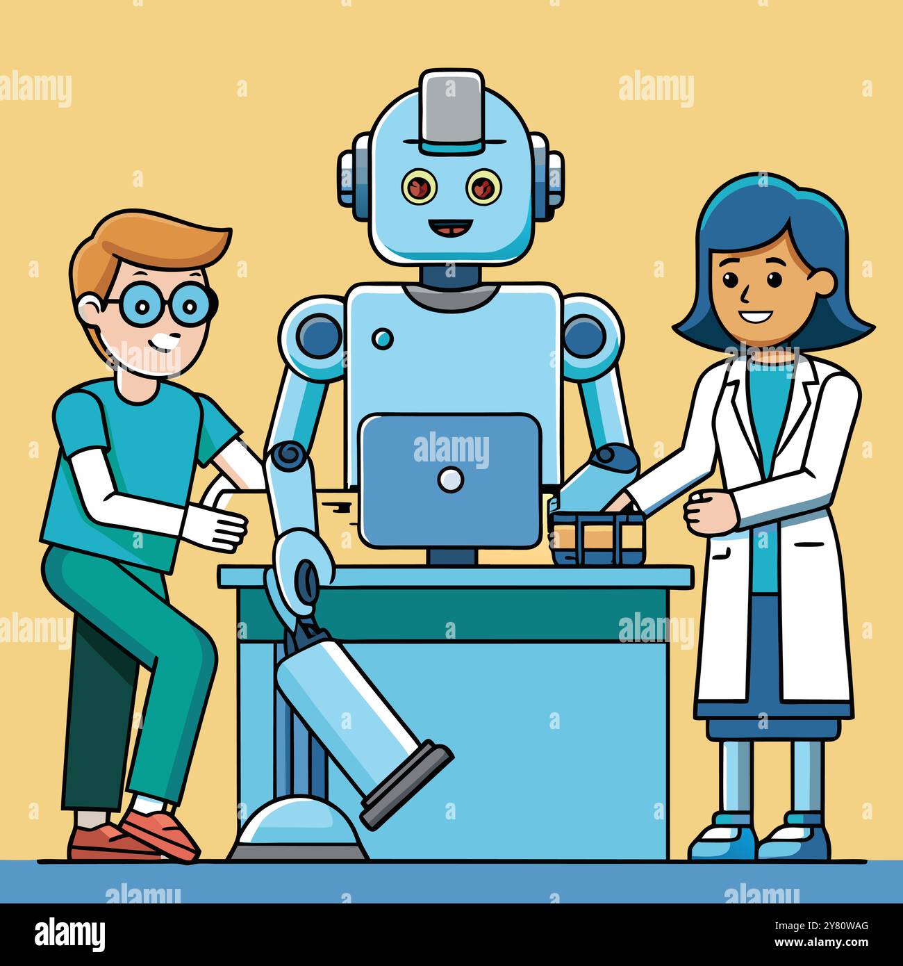 A friendly cartoon robot interacts with a scientist and a young boy ...