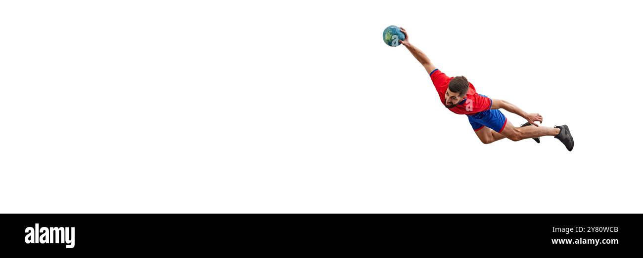 Muscular man, athlete, handball player in red and blue uniform in ...