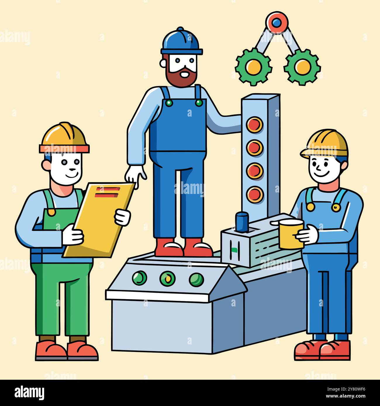 Three cartoon workers operate machinery in a factory. showcasing ...