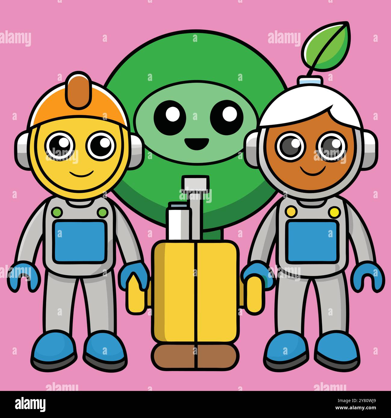 Cute cartoon illustration of three robots. two astronauts and a tree ...