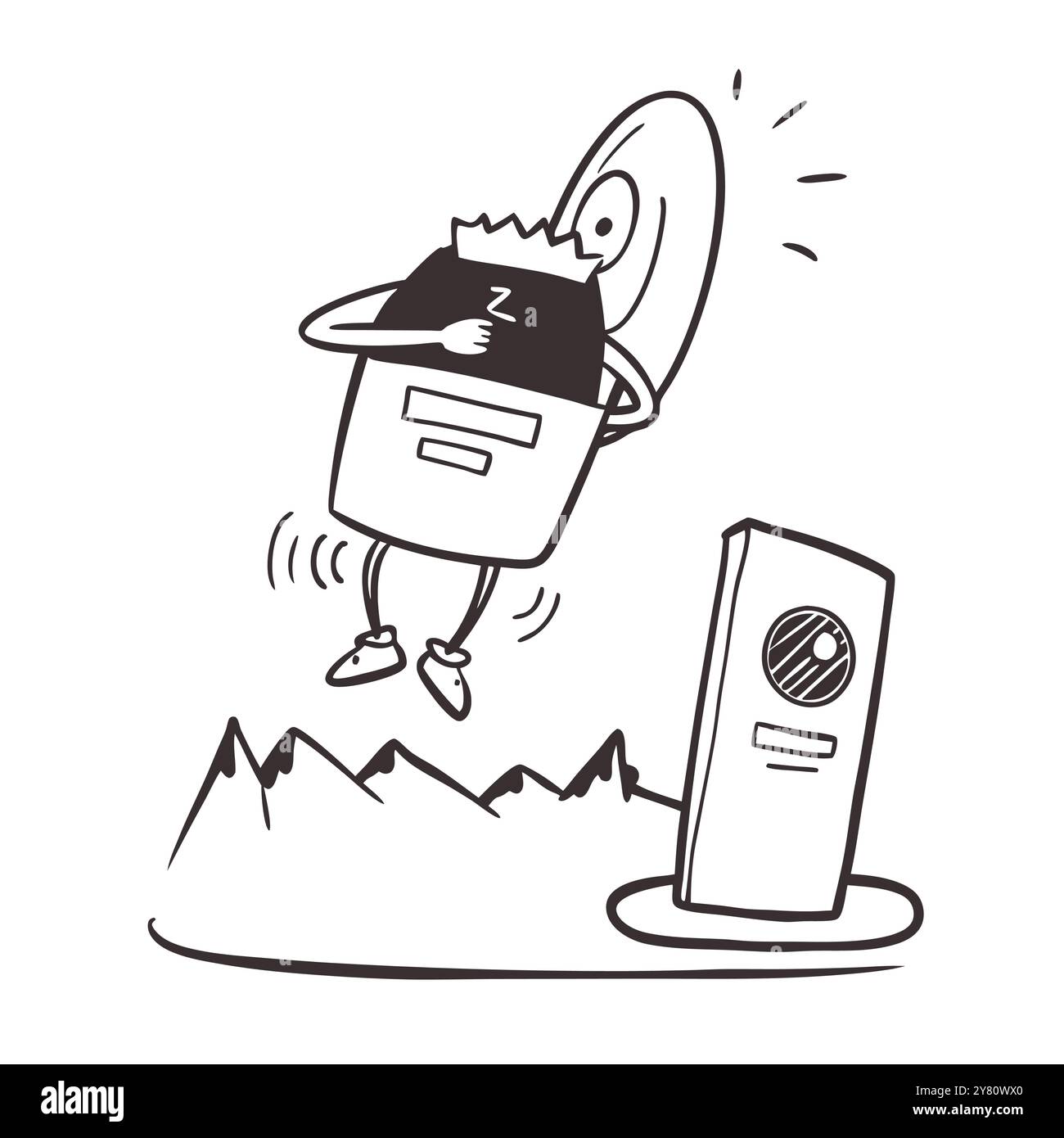 A cartoon illustration of a sleep deprived device jumping over ...