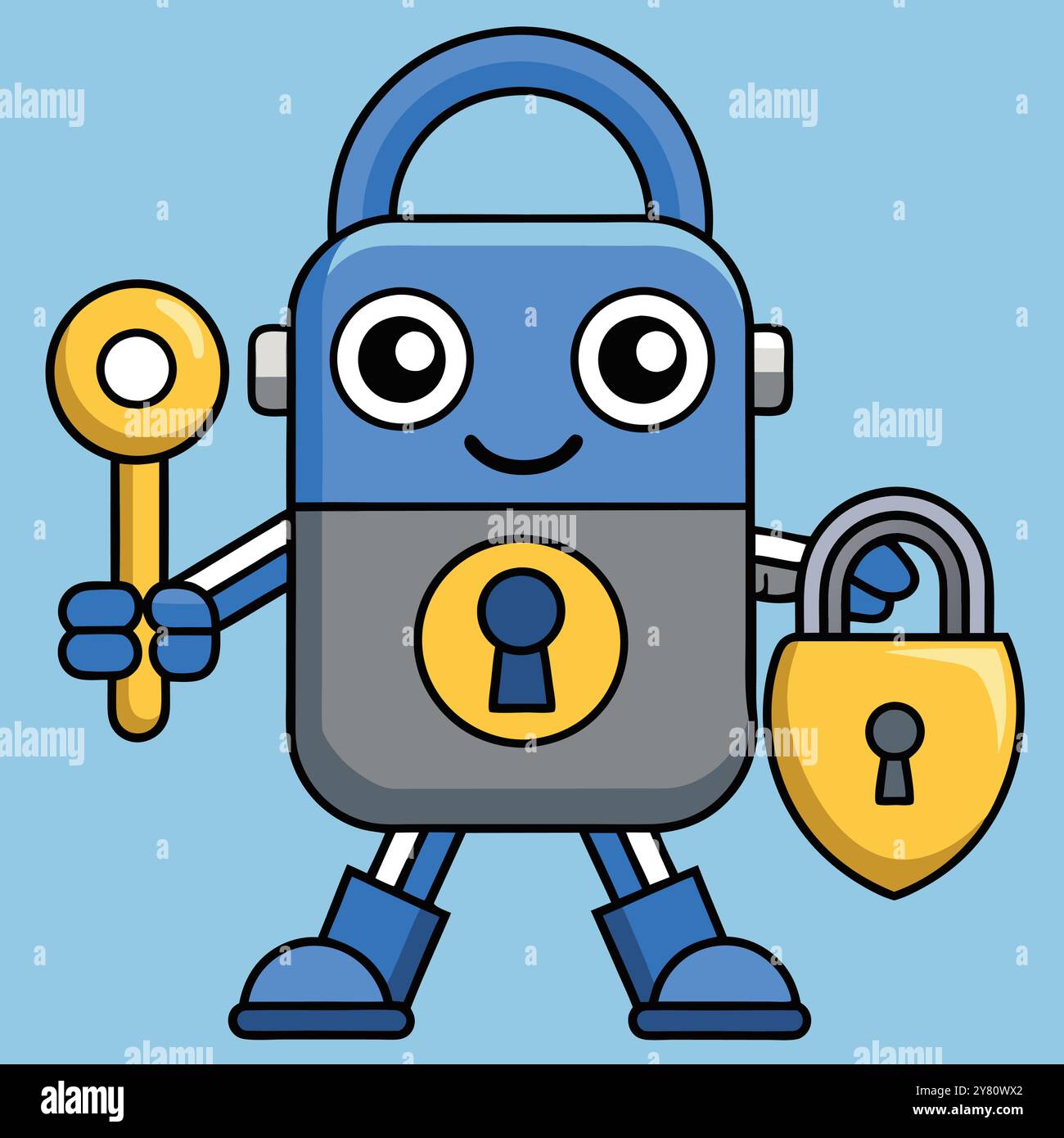 A friendly cartoon padlock character holds a key in one hand and a ...