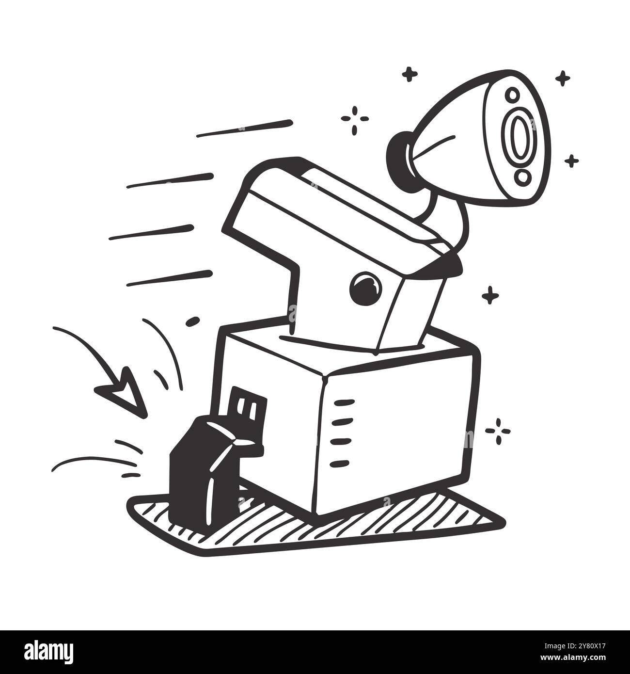 A fun and playful doodle illustration of a robot with a single eye and ...