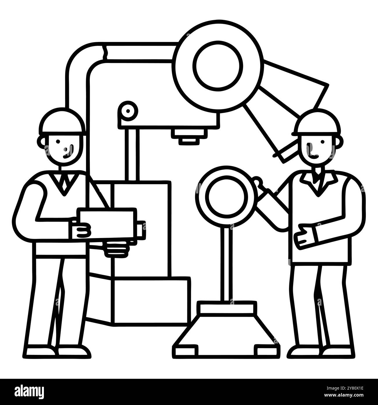 Simple line art illustration of two workers operating a robotic arm ...
