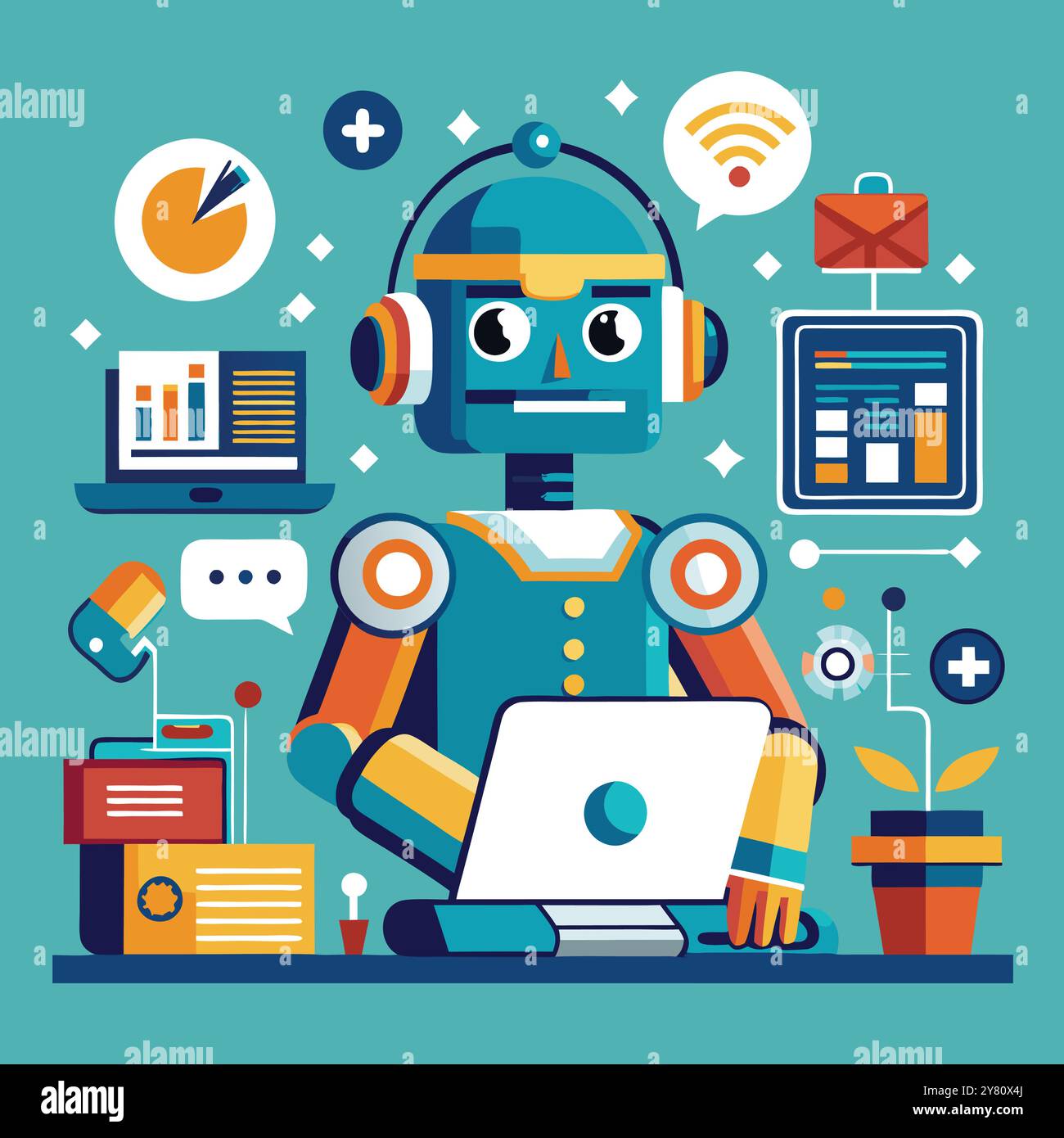 Friendly robot with headset and laptop working at a desk. surrounded by ...