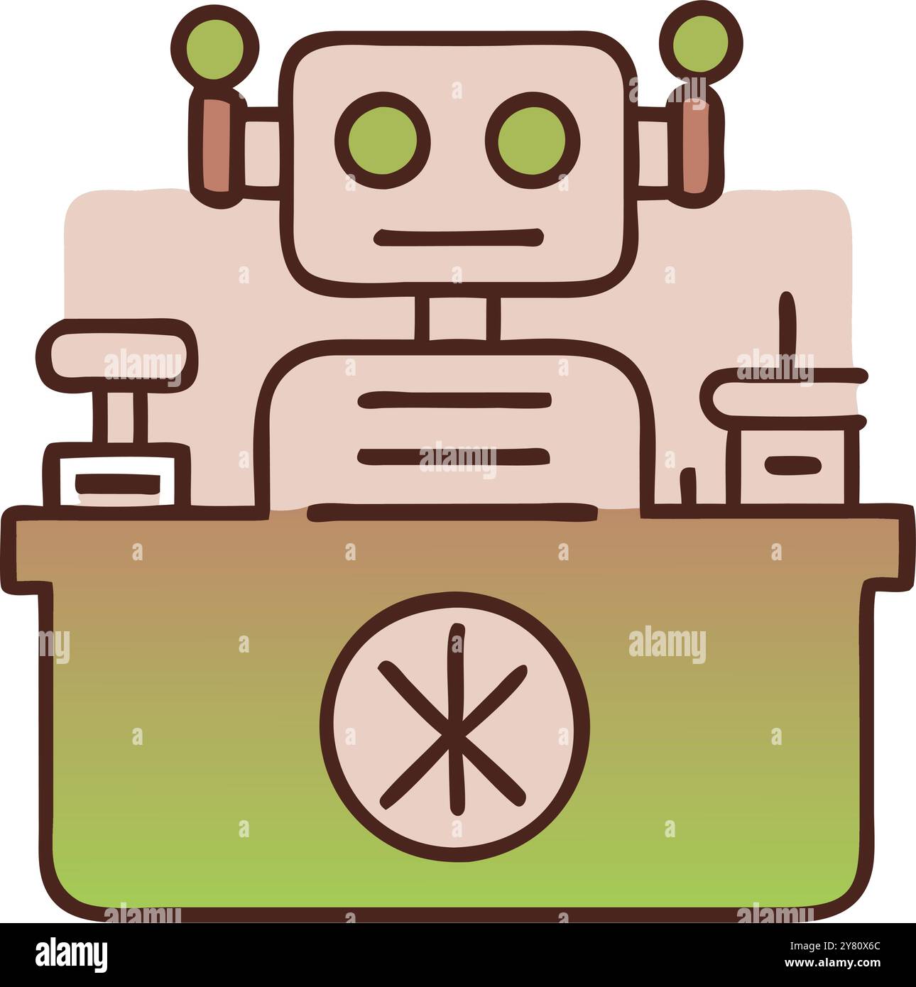 A friendly robot sits behind a desk. ready to help. Perfect for ...