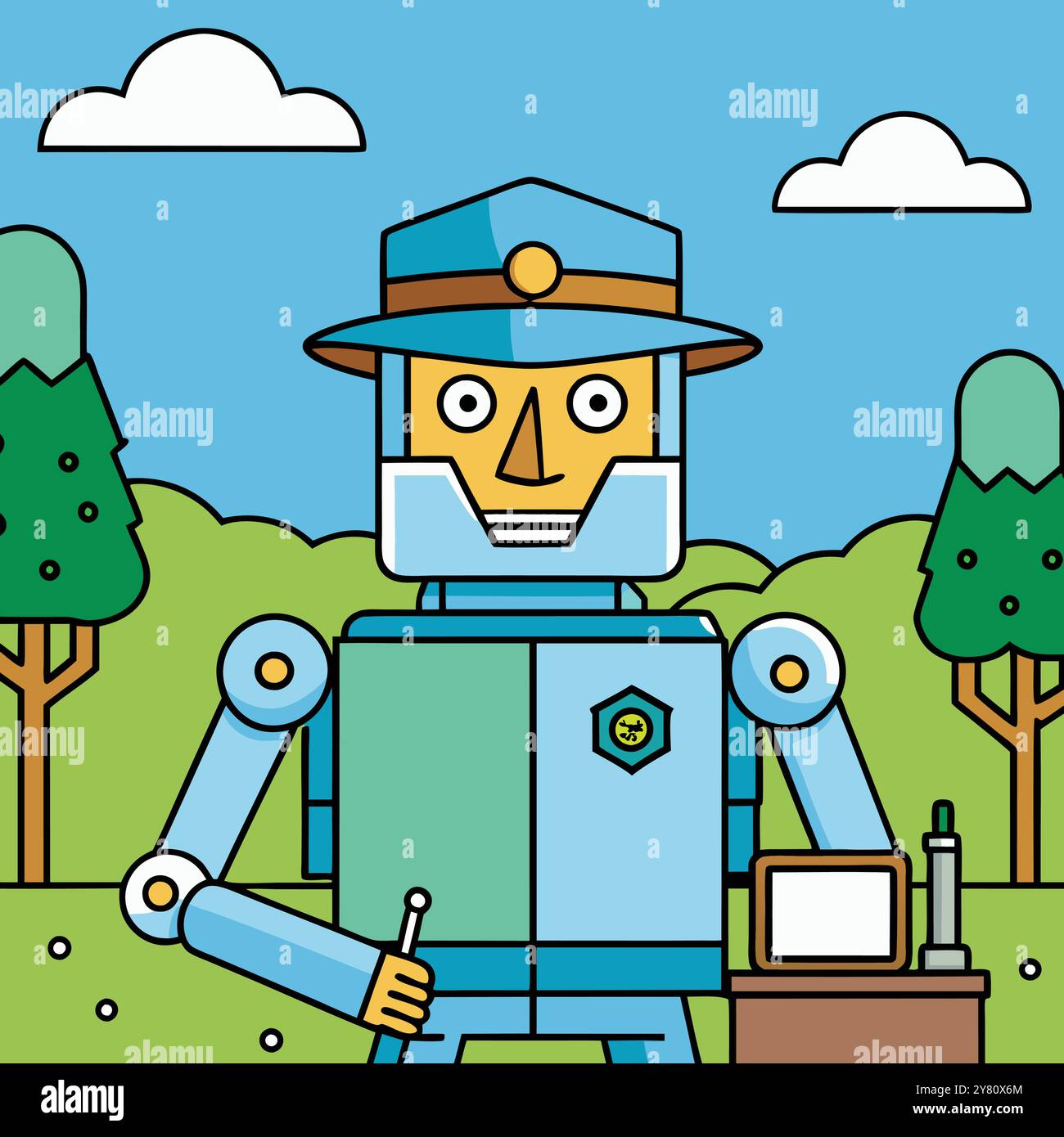 A friendly robot police officer in a park setting. perfect for illustrating artificial ...