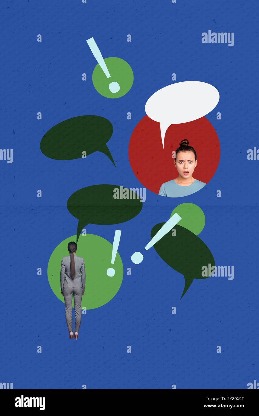 Vertical poster collage businesswoman communication textbox messages ...