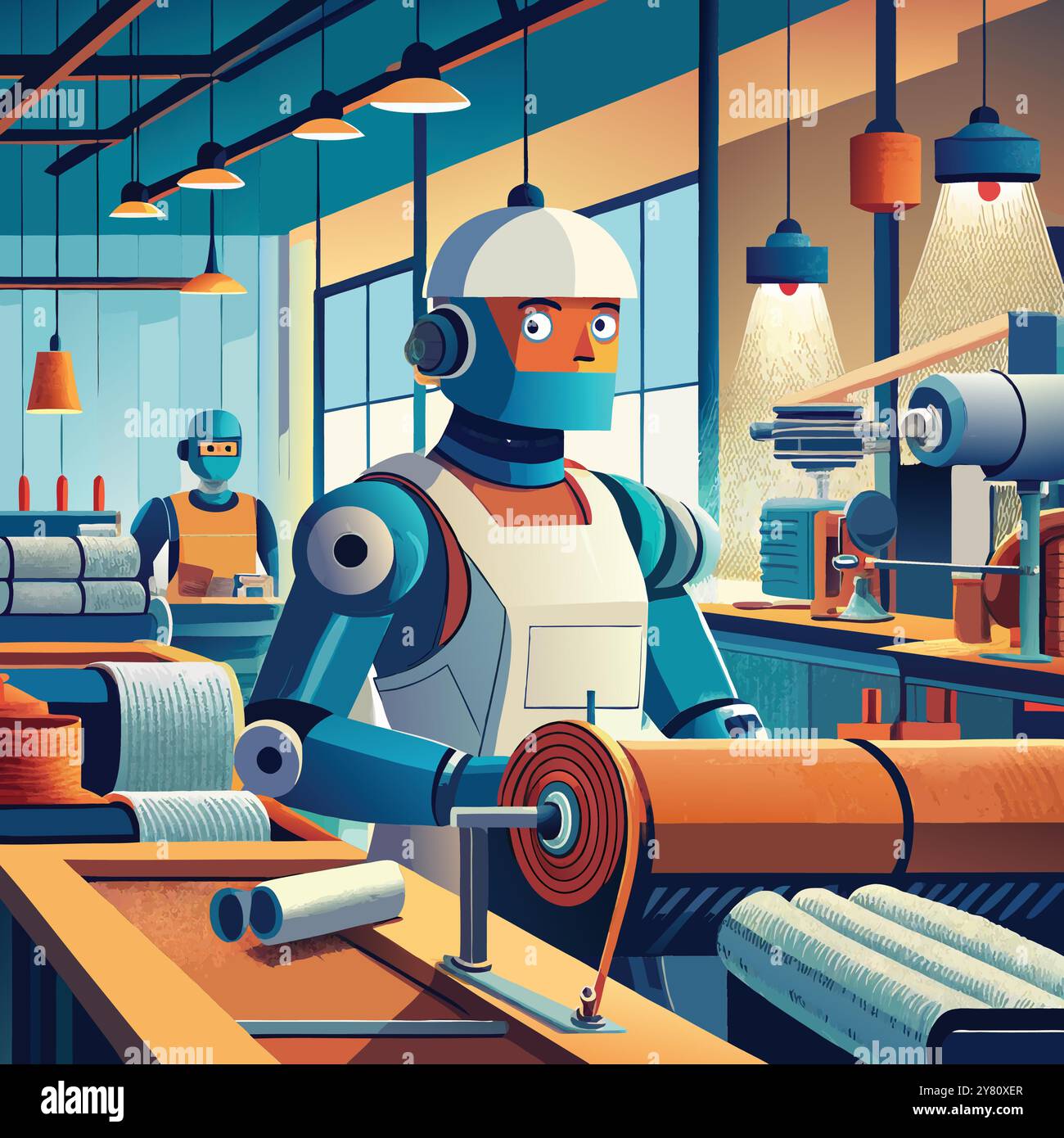 A friendly robot works in a factory. operating machinery and producing ...