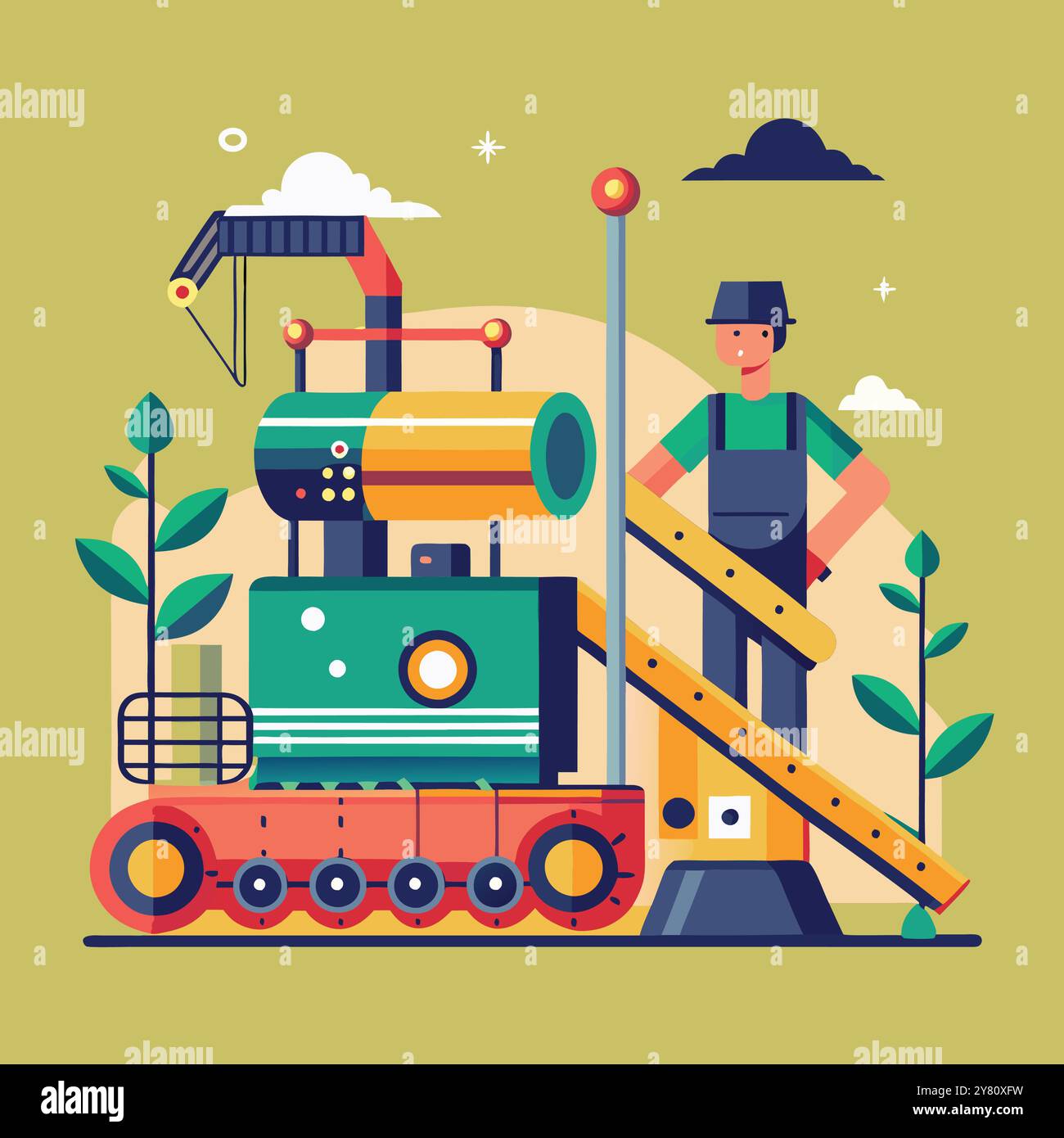 A playful illustration depicting a futuristic robot with a worker ...