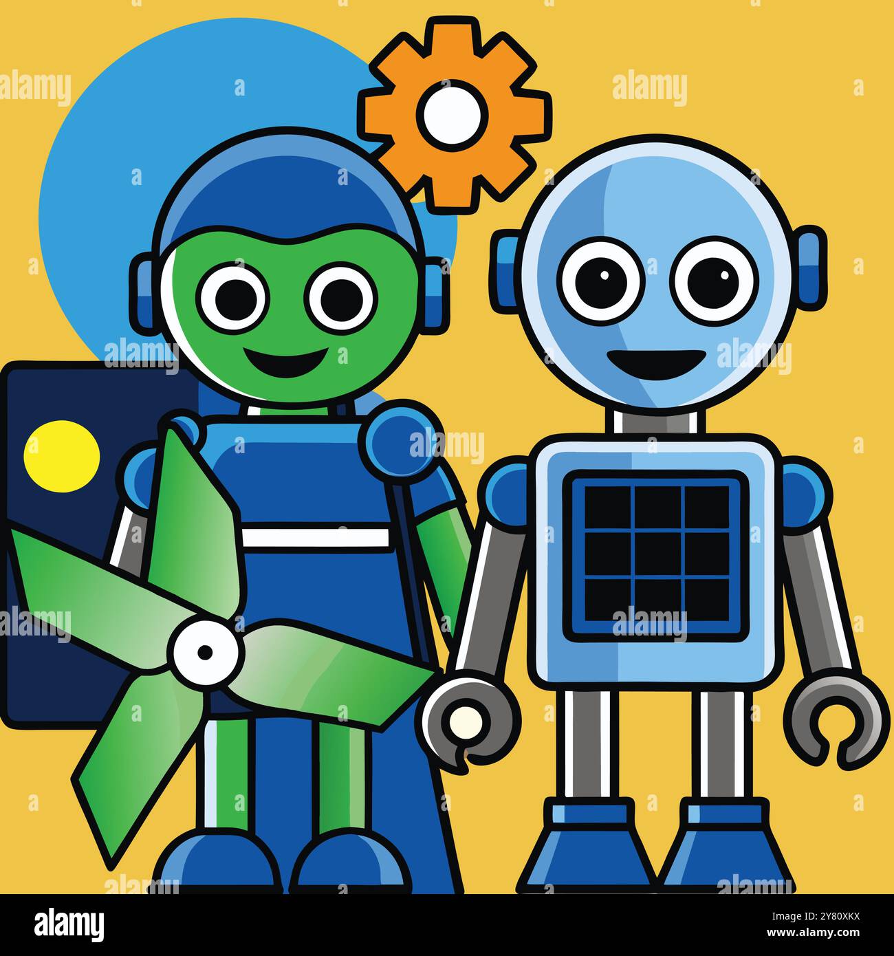 Cute cartoon robots. one with a windmill and the other with a gridded display. stand side by ...