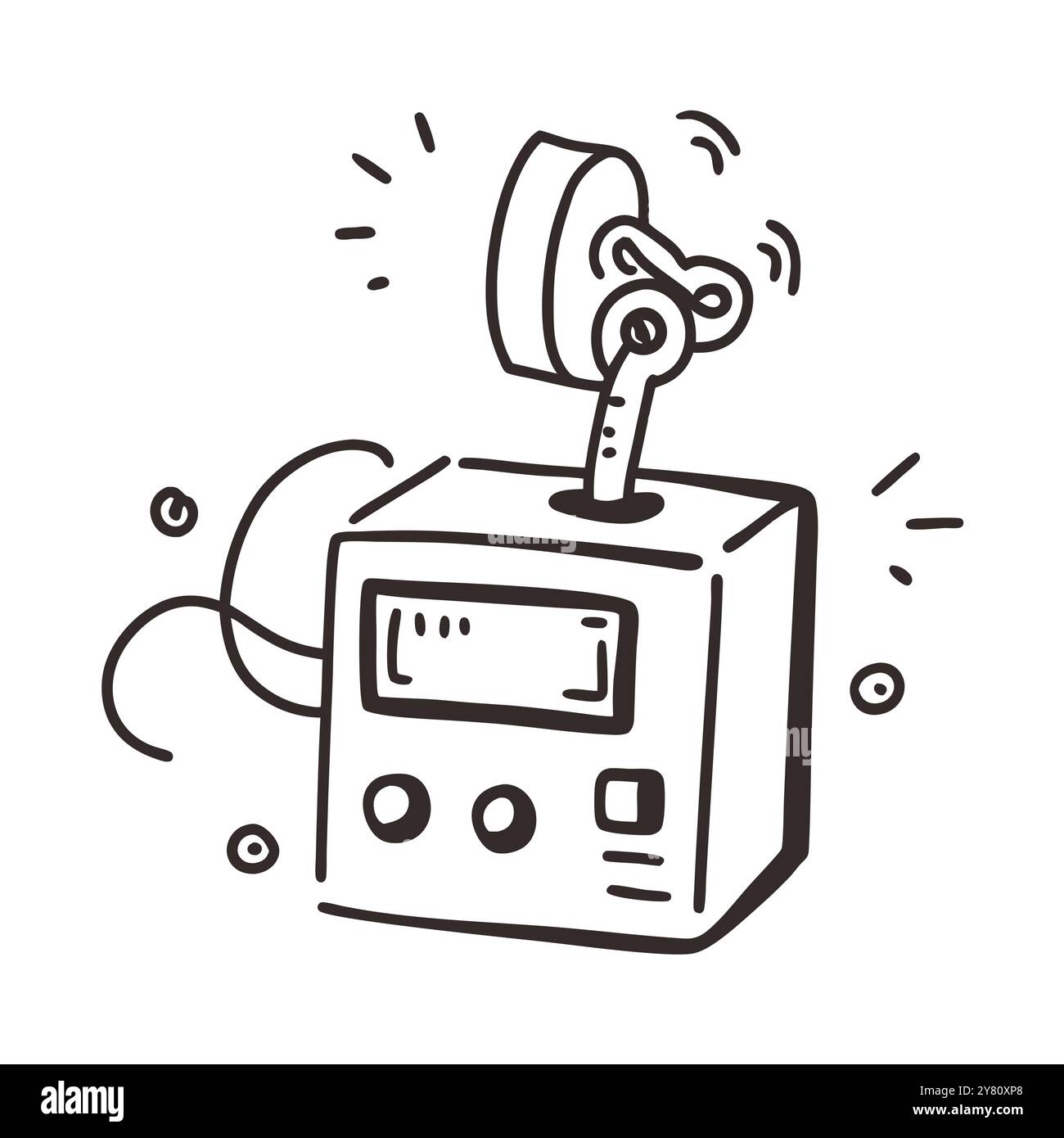Hand drawn illustration of a vintage style alarm clock with a wind up ...
