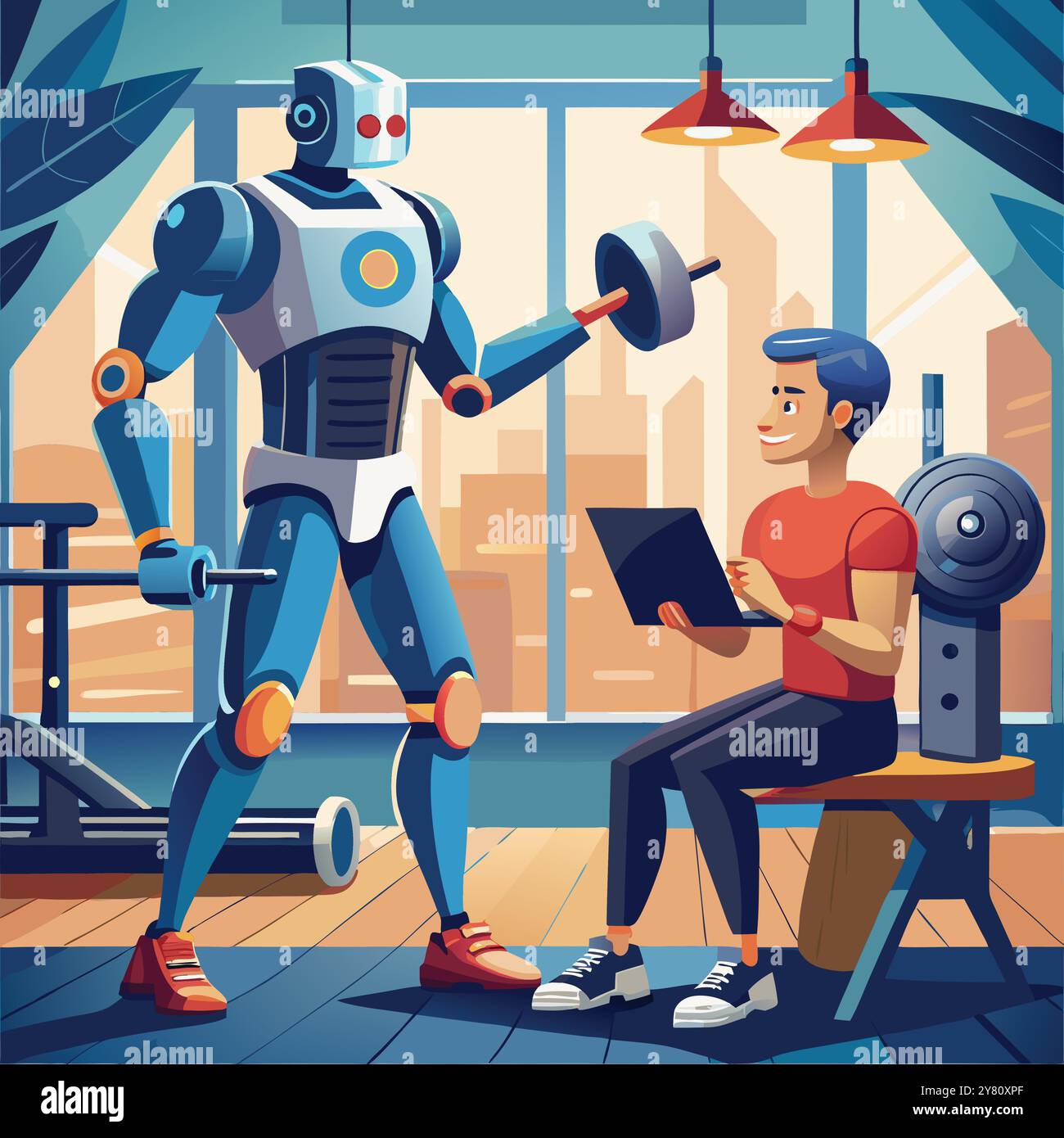 A friendly robot personal trainer guides a man through his workout ...