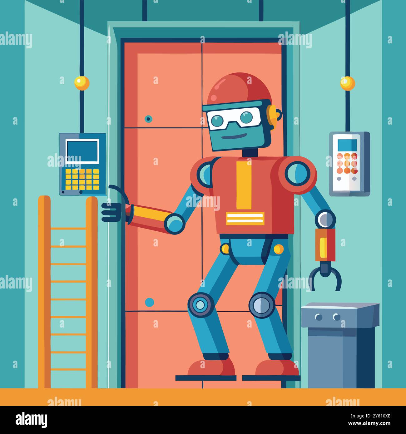 A friendly robot with a claw arm stands in a futuristic room. ready to ...