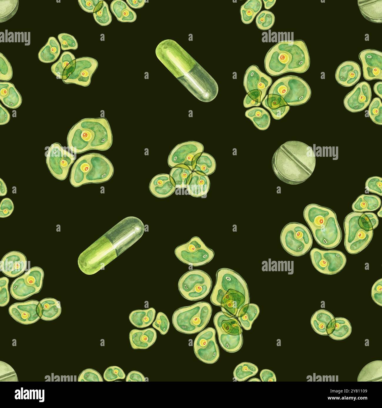 A seamless pattern of green Chlorella algae cells with green capsules ...