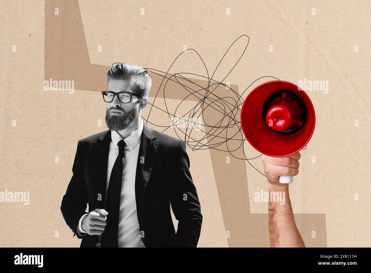 Composite collage picture image of hand boss hold toa announcement ...