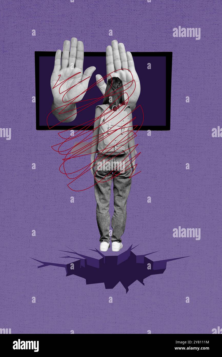 Vertical picture collage young girl stand backwards screen watch palms ...