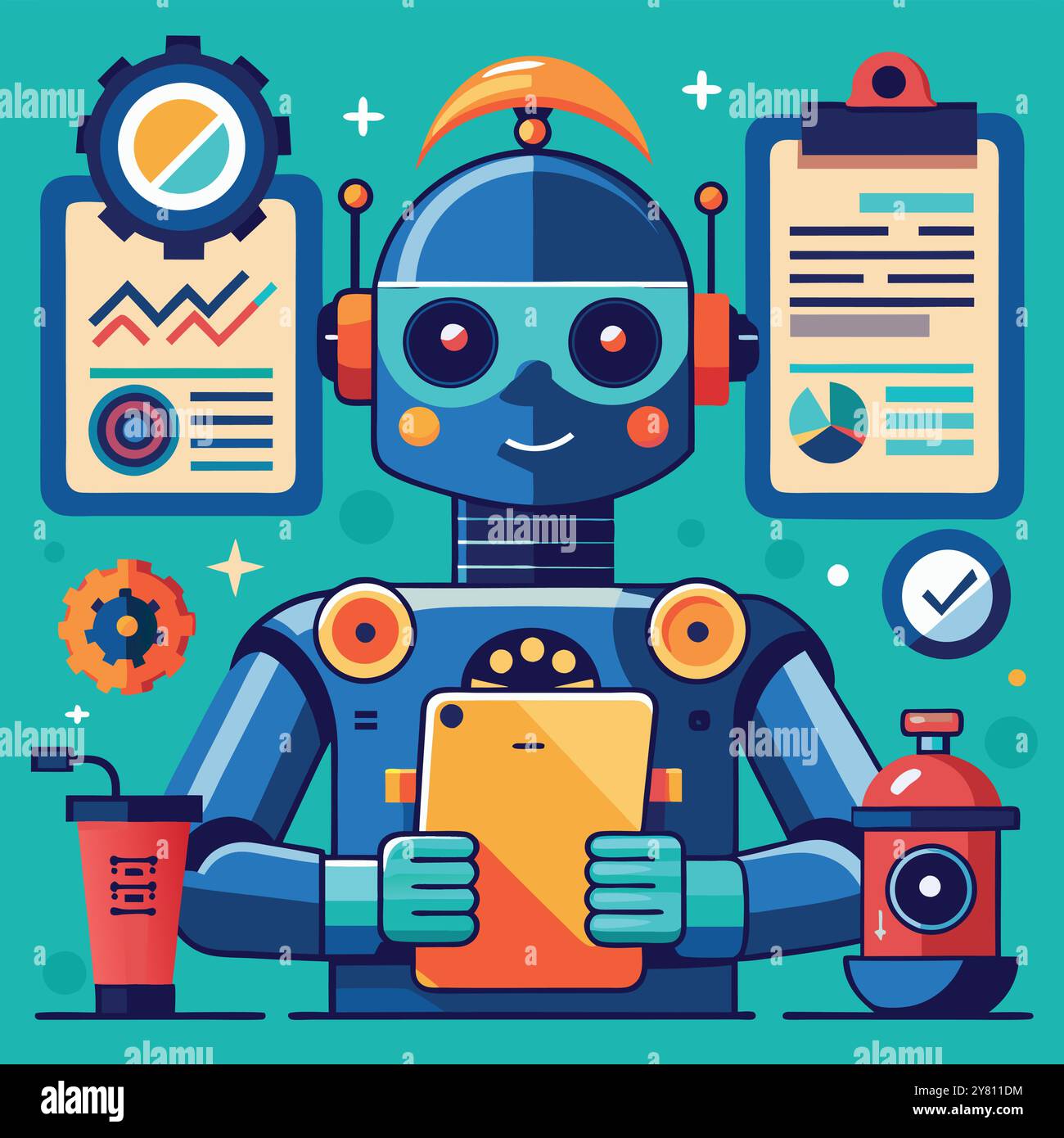 Friendly robot holding a tablet. surrounded by charts. graphs. and gears. Perfect for ...