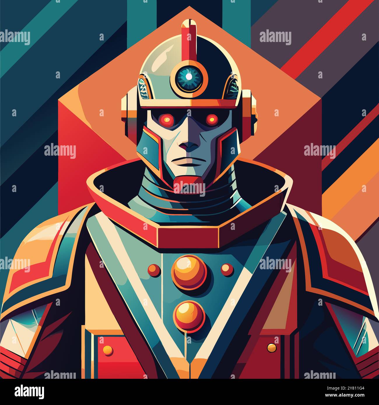 A stylized illustration of a futuristic robot with a bold color palette ...