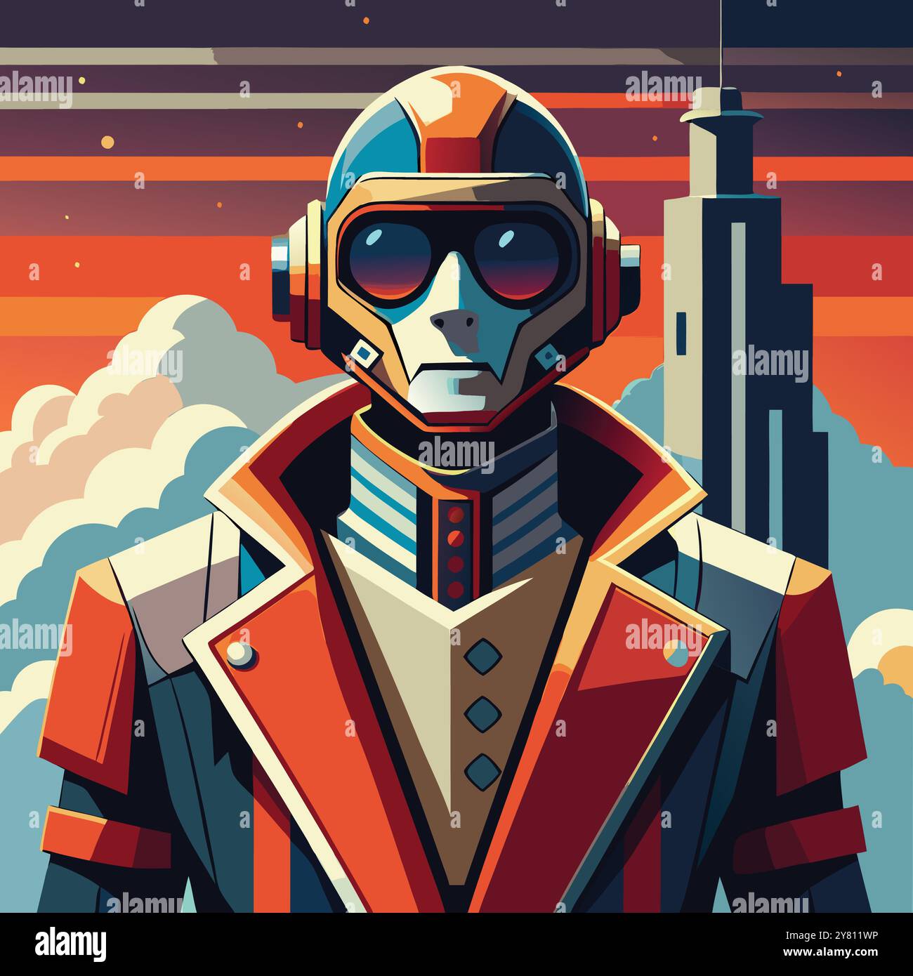 A futuristic robot. with a red and blue helmet. stands against a ...