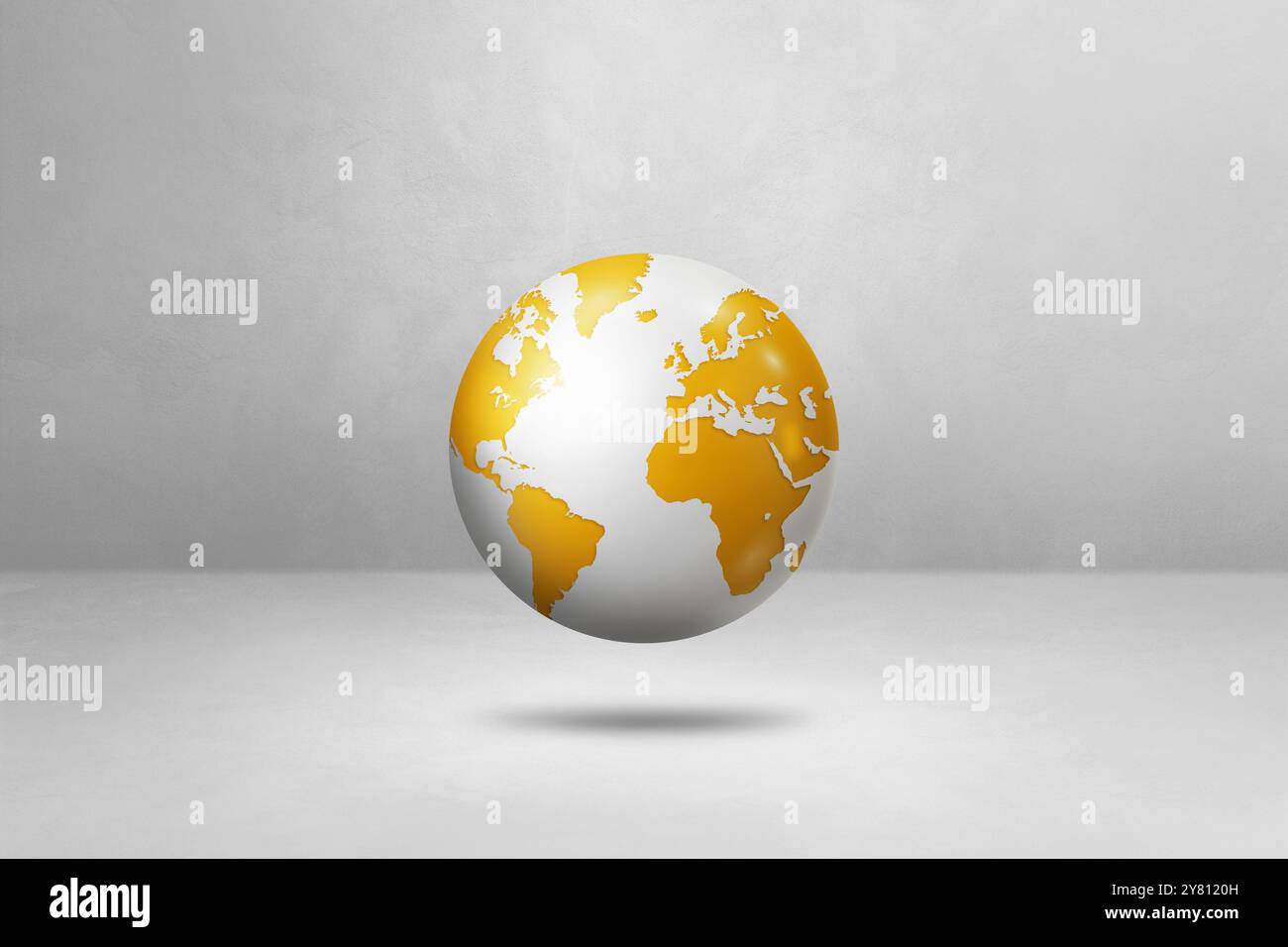 World globe, yellow earth map, floating over a white background. 3D ...