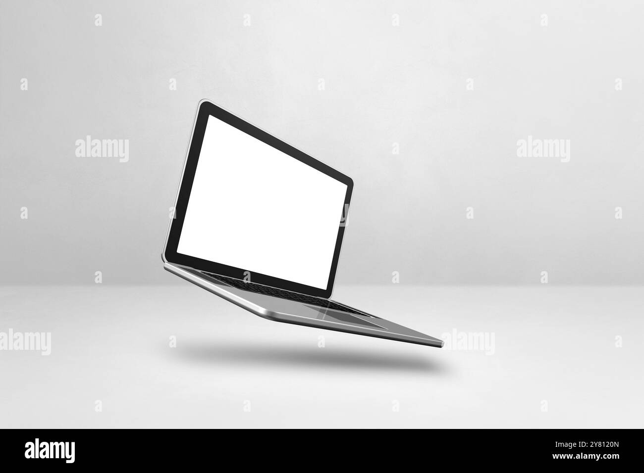 Blank computer laptop floating over a white background. 3D isolated ...