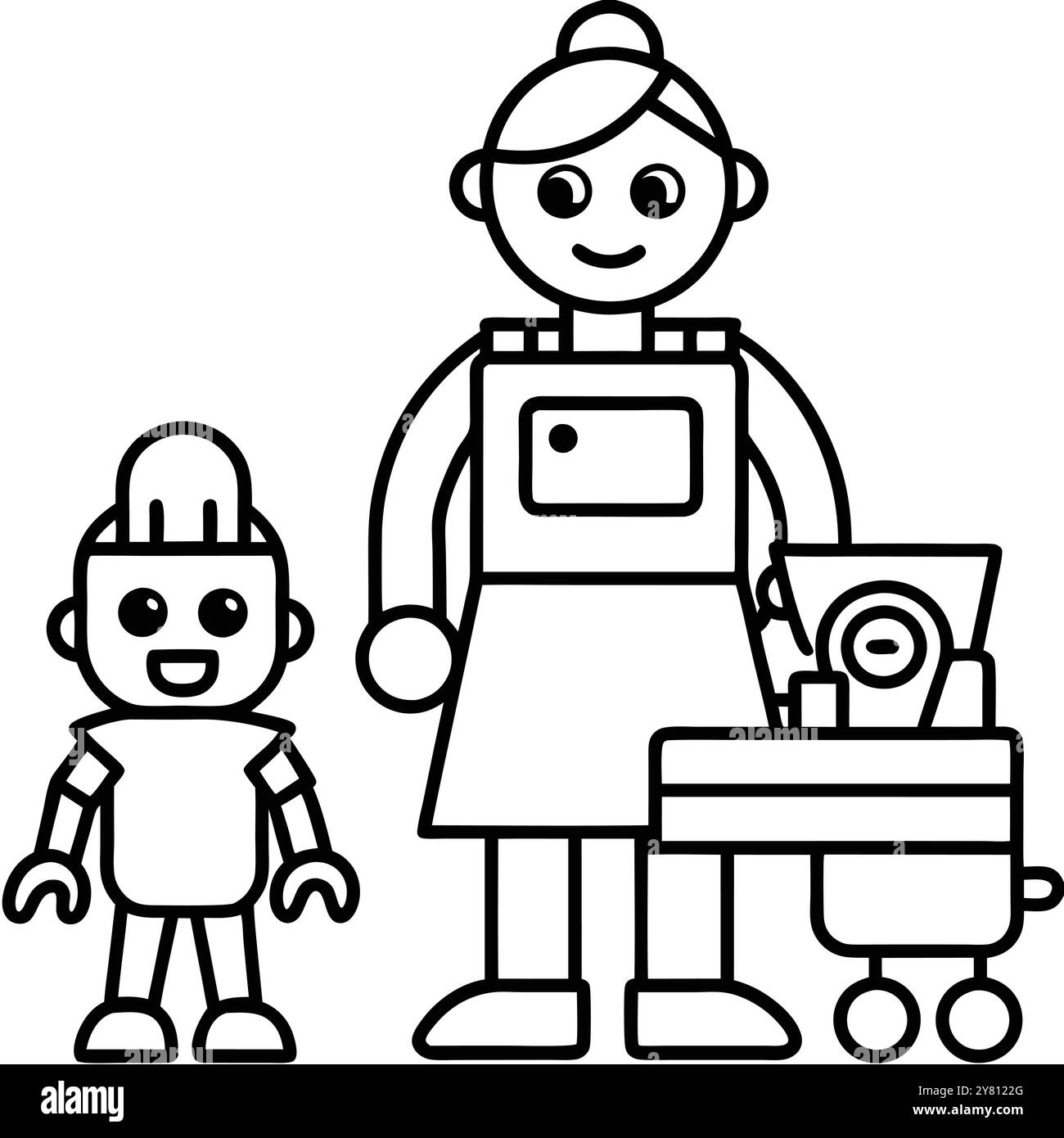 A simple line art illustration of a family of robots. featuring a ...