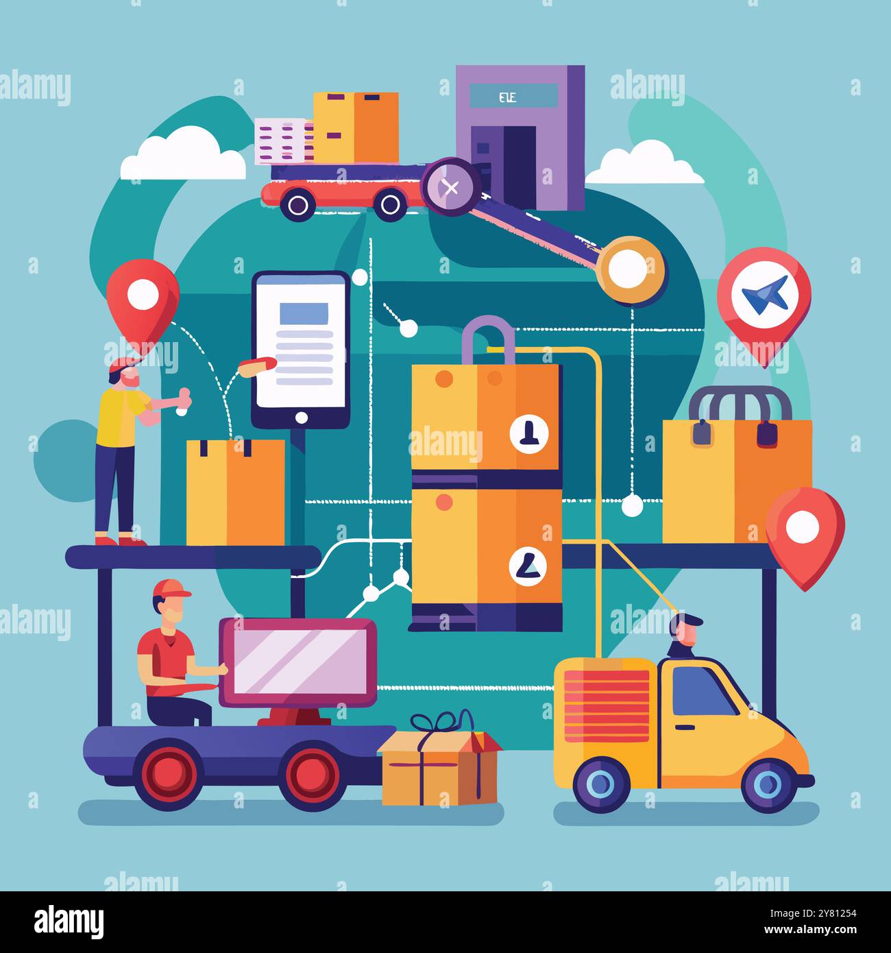 A vibrant illustration depicting a streamlined delivery process. From online order to delivery ...