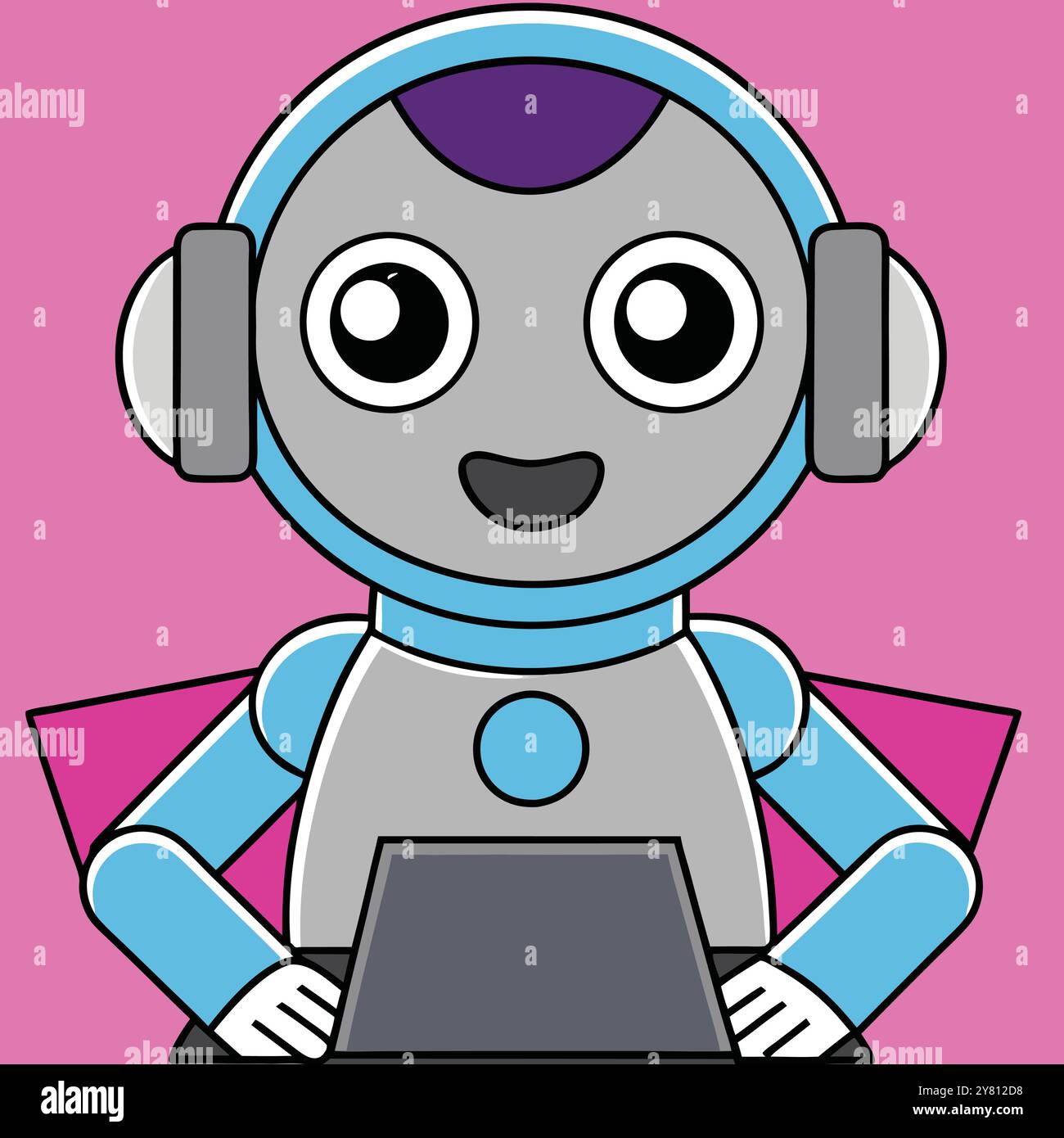 A friendly. cartoon style robot wearing headphones and working on a ...