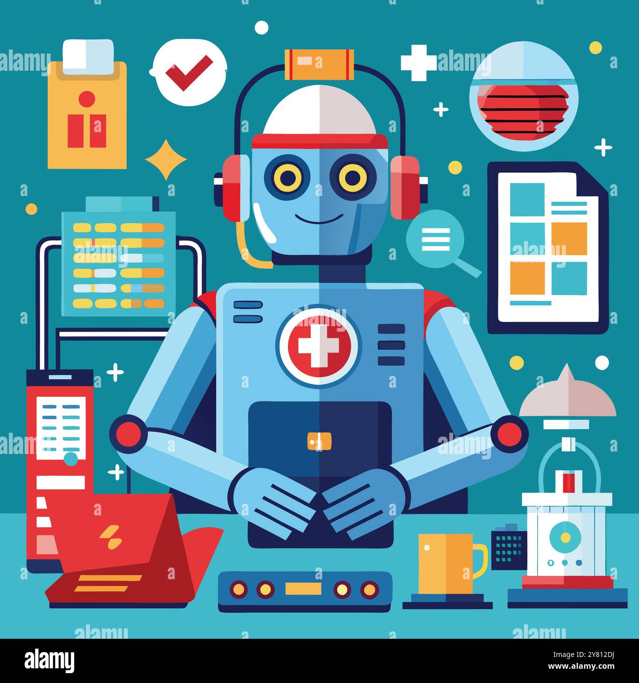 Friendly AI robot with a medical symbol on its chest. ready to assist ...