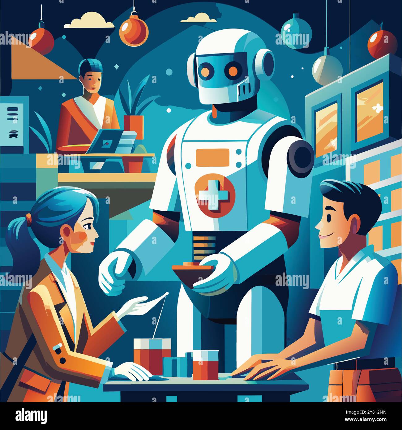 A friendly robot serves a group of people in a futuristic setting. The ...
