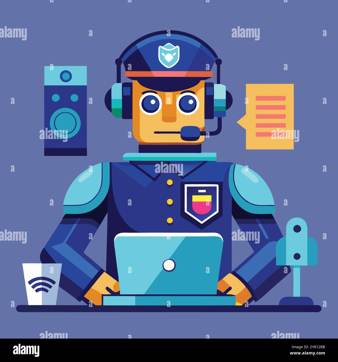 A friendly robot police officer in uniform. with a headset and laptop ...