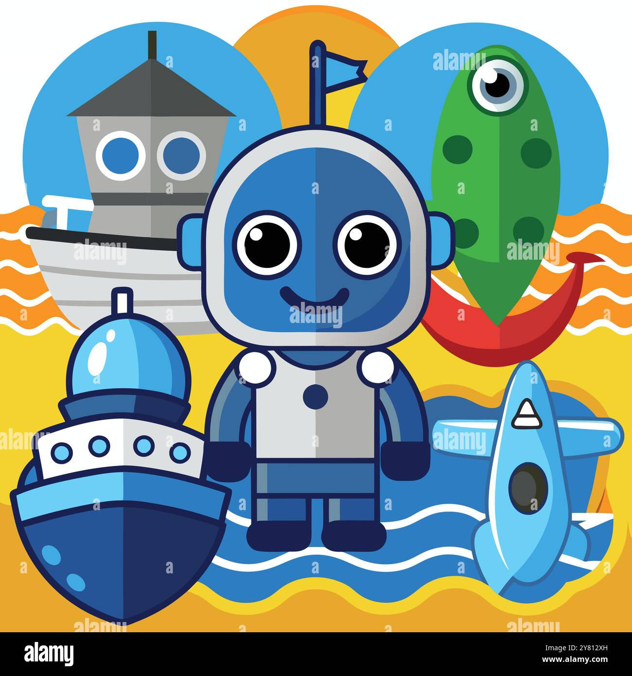 Cute blue robot character surrounded by various transportation vehicles ...