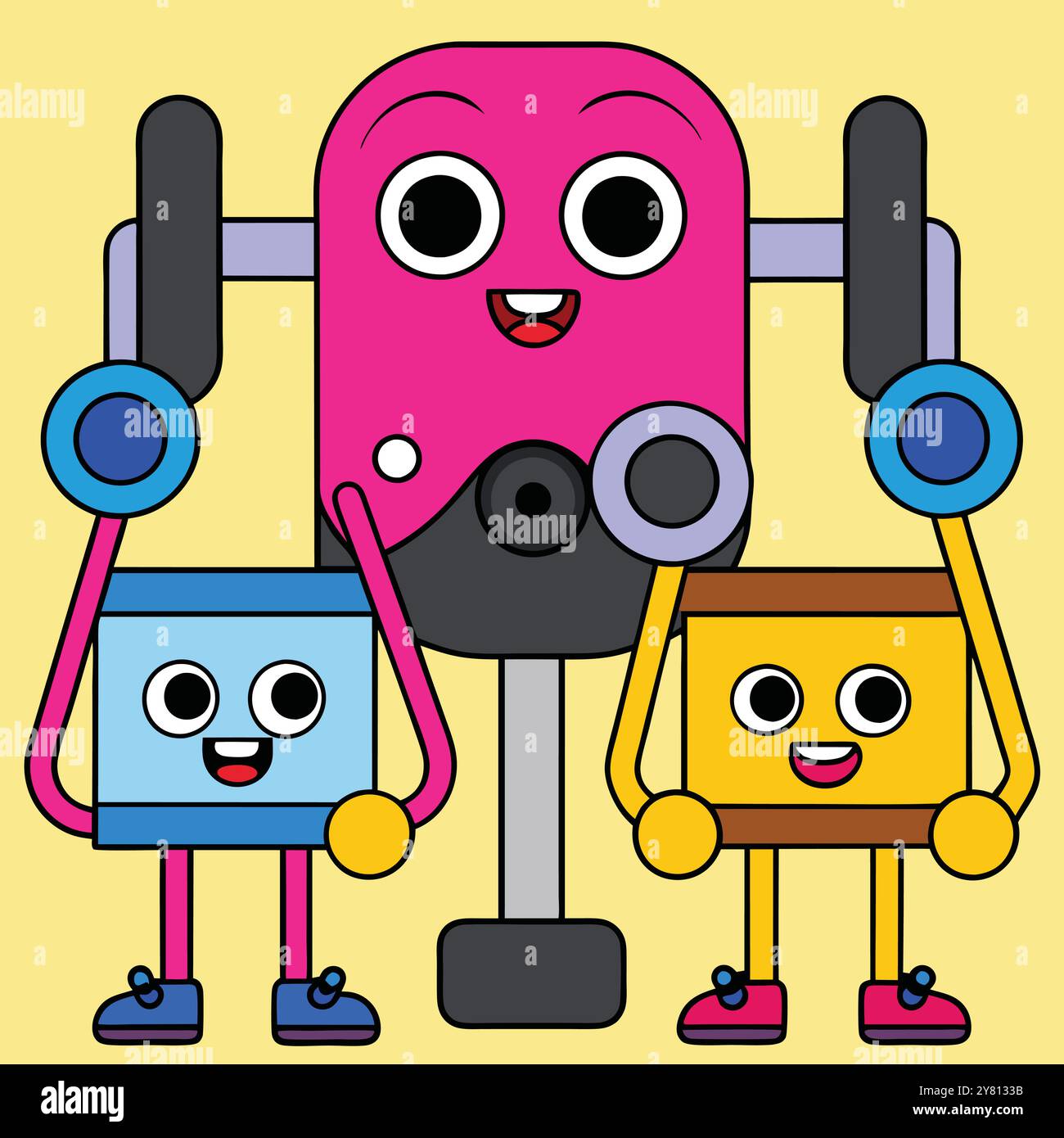Three cheerful. cartoon characters lift weights together. A pink ...