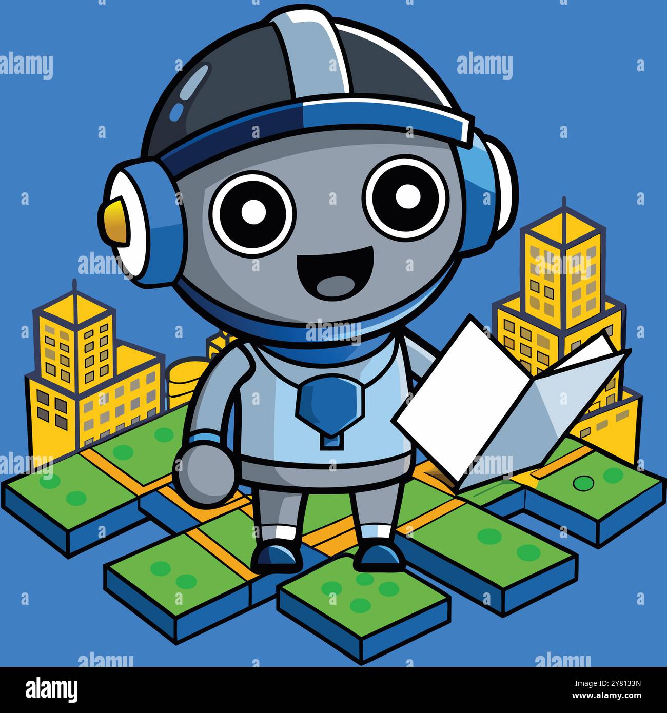 A friendly robot in a blue helmet stands on a stack of money with ...