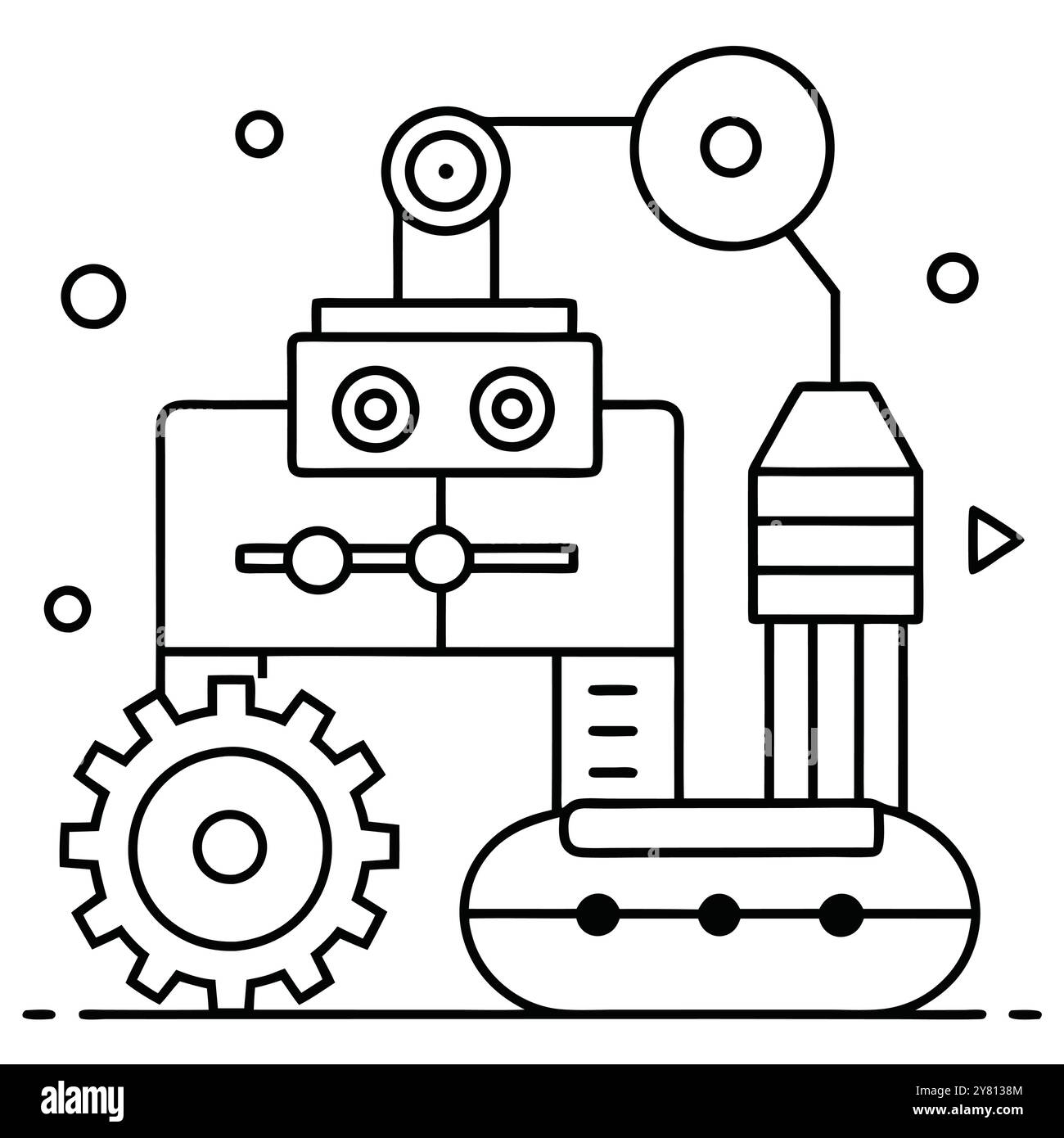 A simple. black and white line illustration of a robotic machine. It ...