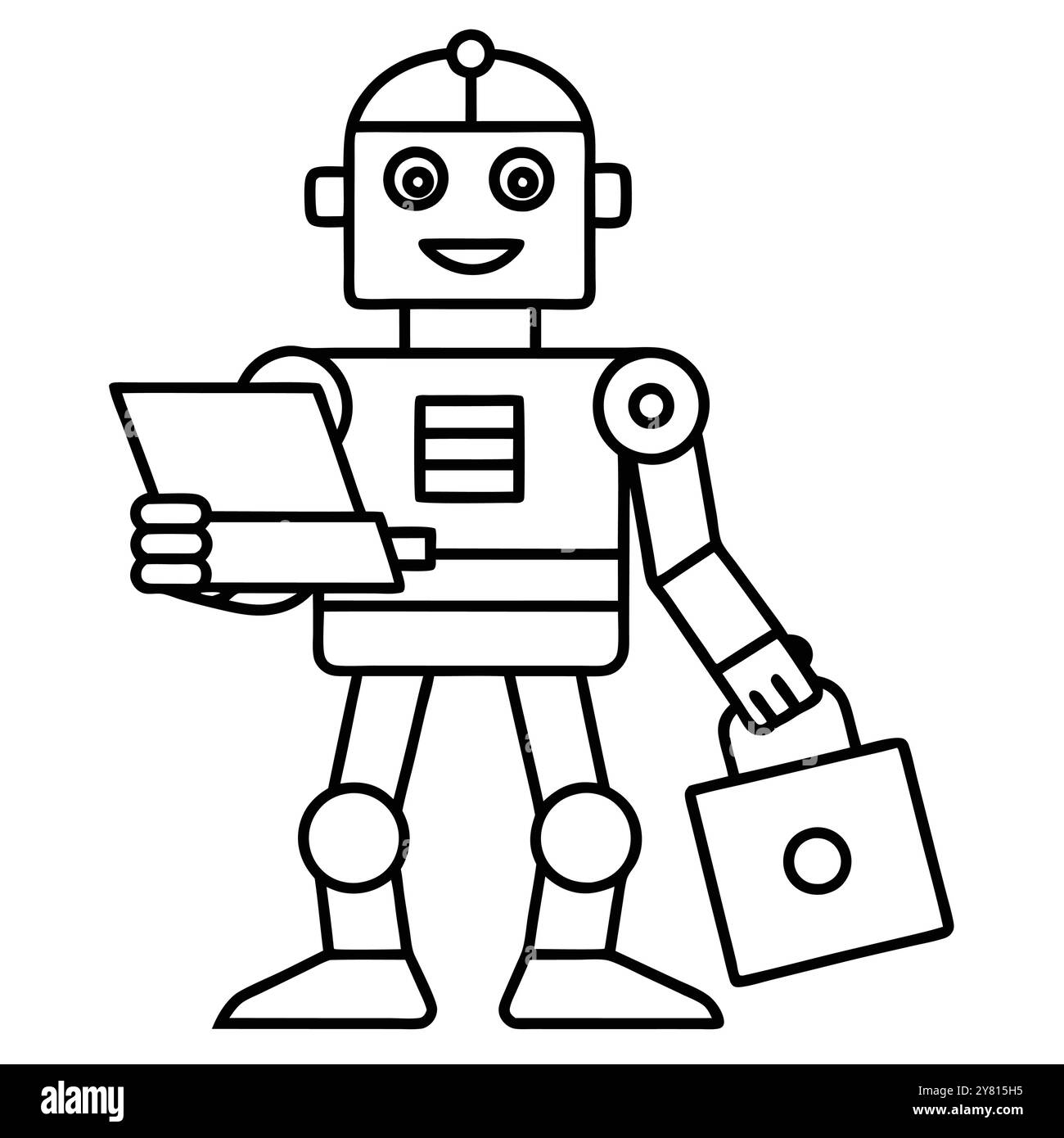 A friendly. cartoon robot holds a briefcase and a tablet. showcasing ...