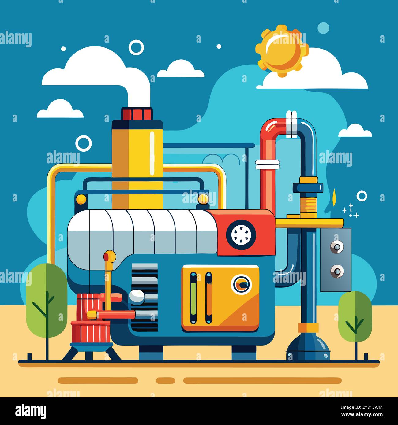 A whimsical illustration of a cartoon factory with pipes. gears. and a ...